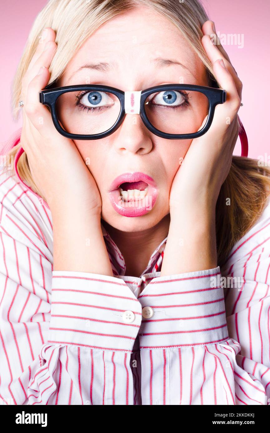 Closeup portrait on the head of a distraught female business employee ...