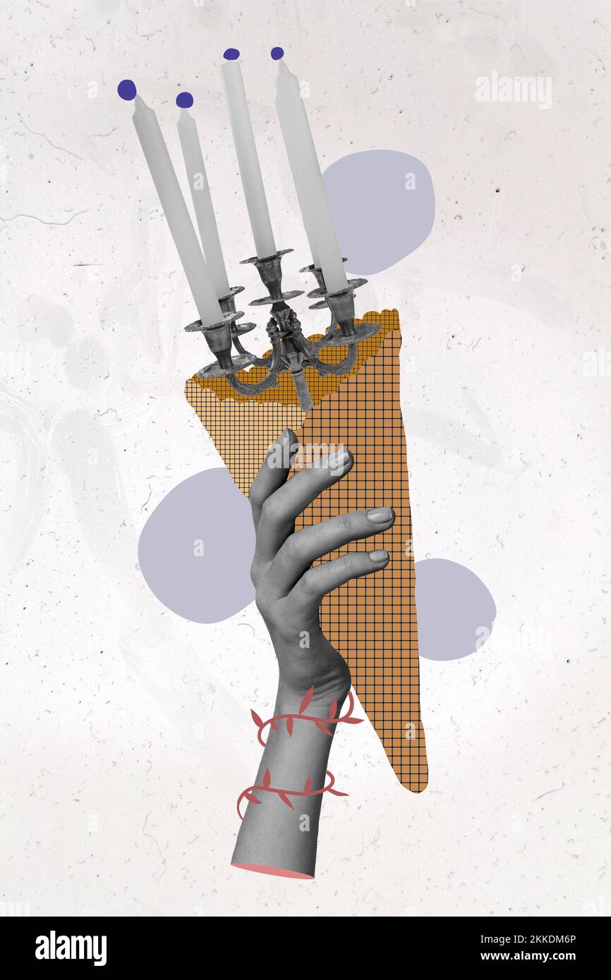 Vertical collage image of human hand black white effect hold waffle ...