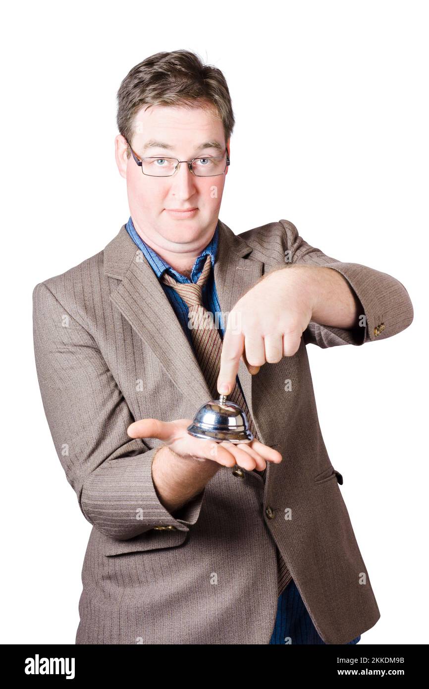 Smart male consumer pressing shopping counter bell when in need of ...