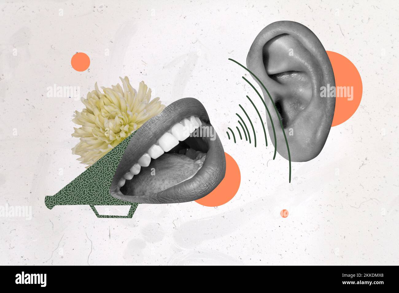 Composite collage picture of human mouth speak tell ear listen hear ...