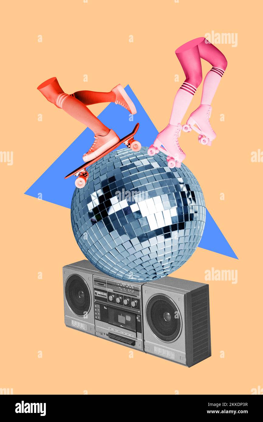 Vertical poster collage of legs on skate roll disco ball boombox ...