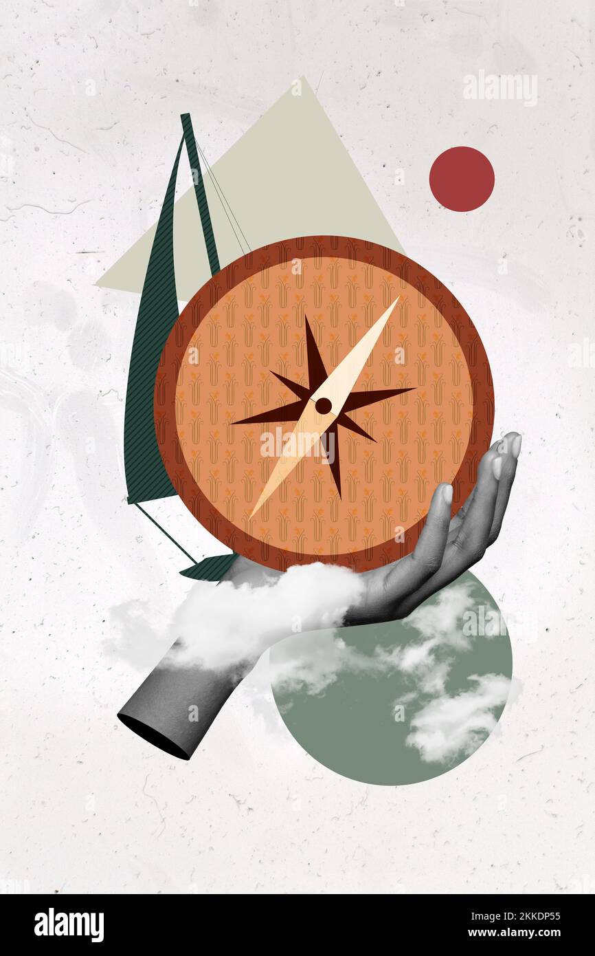 Creative 3d photo artwork graphics collage of hand holding old compass ...
