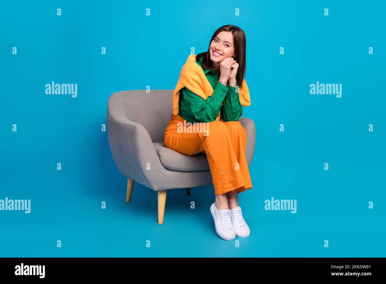 Full size portrait of nice lovely girl sit chair have good mood ...