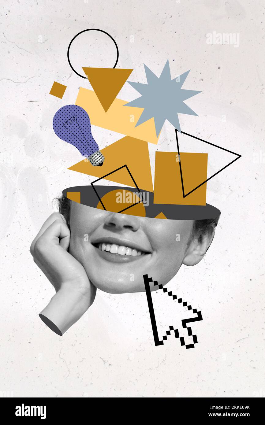 Vertical banner collage of lady open head black and white effect ...