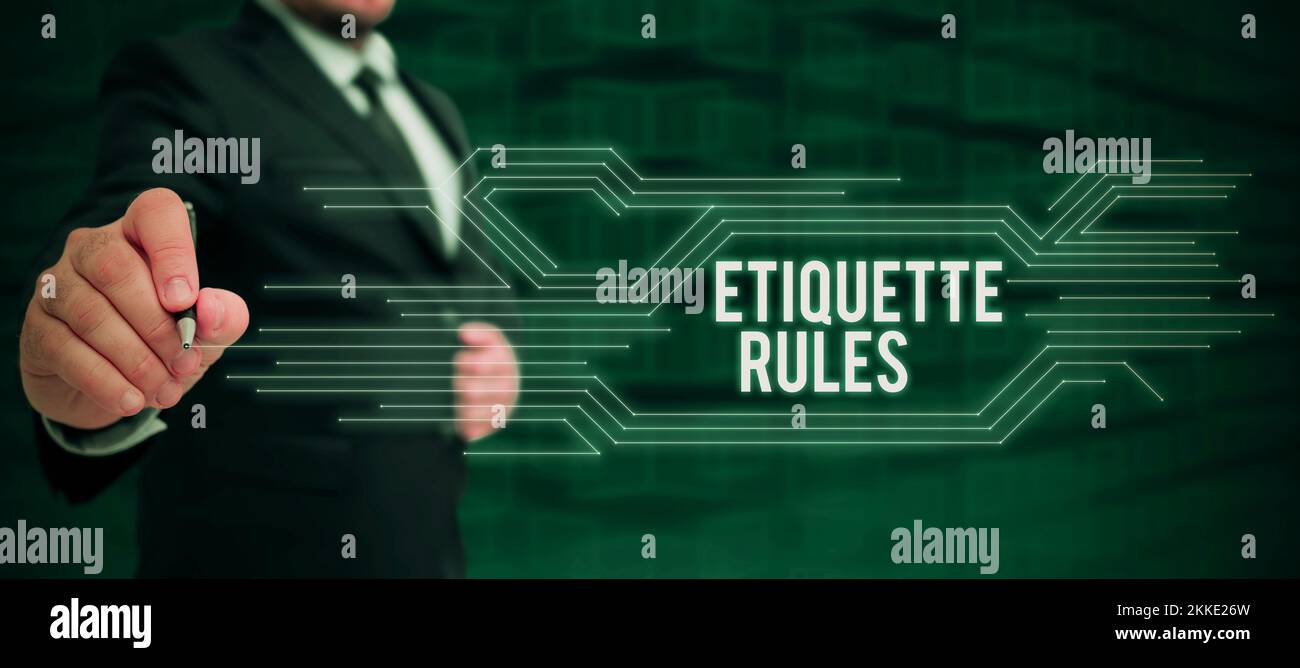 Text caption presenting Etiquette Rules, Business idea customs that ... Text caption presenting Etiquette Rules, Business idea customs that ...