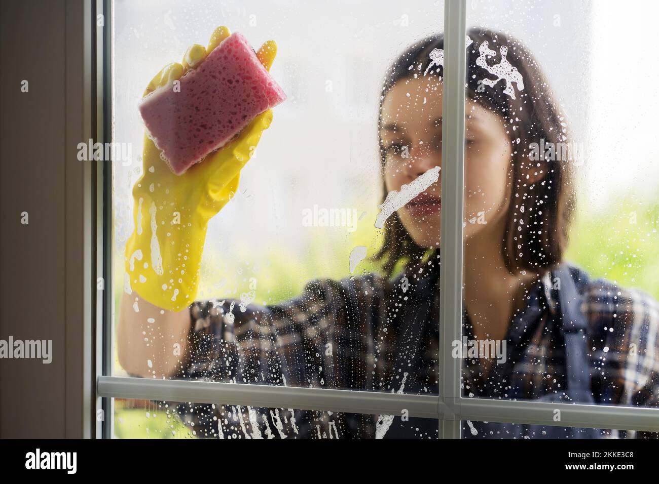 Woman washes the windows with a detergent Stock Photo - Alamy