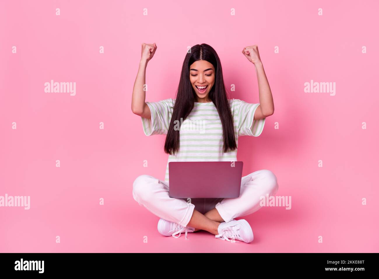 Full size photo of excited delighted girl raise fists celebrate success ...