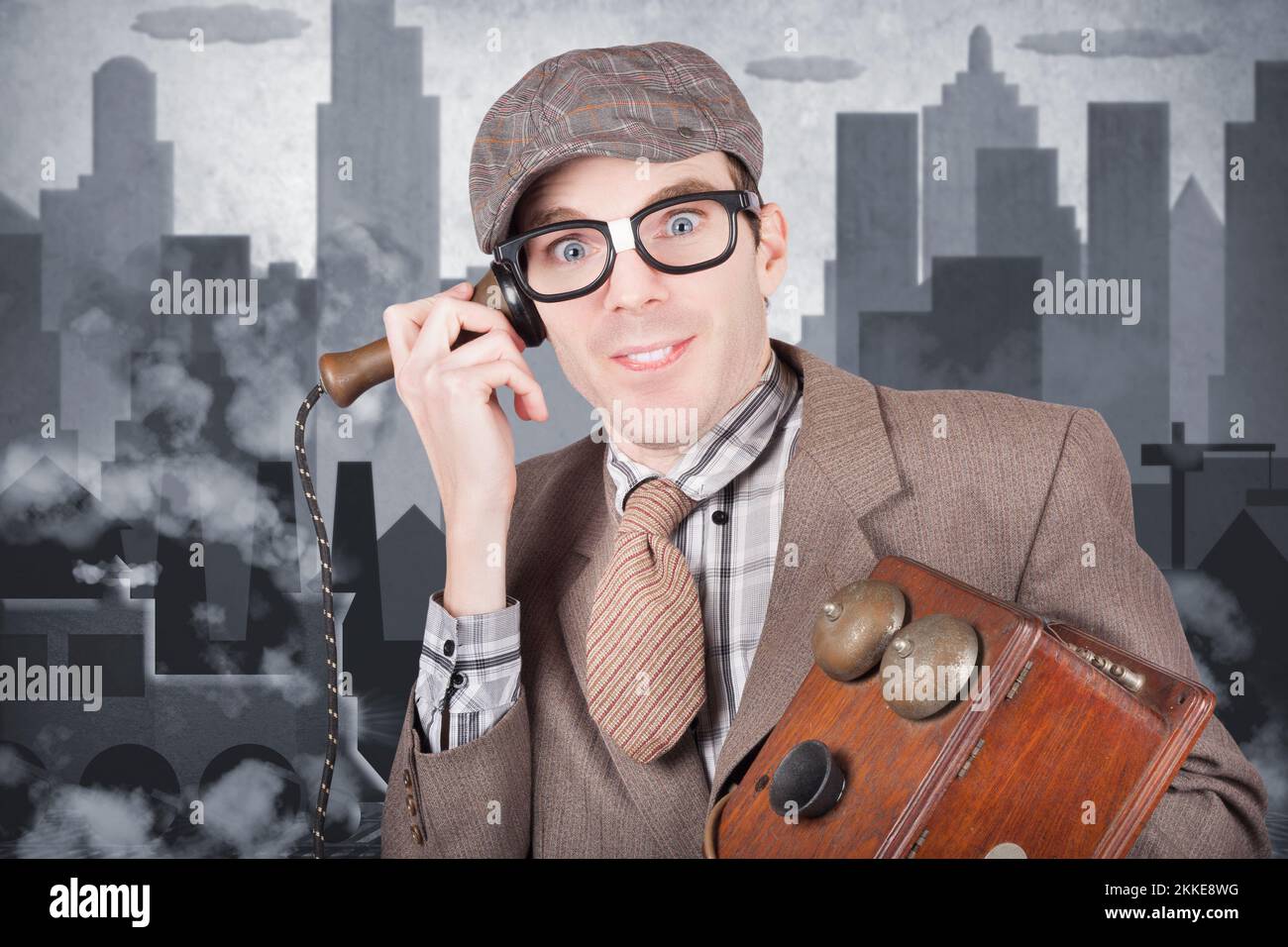 Cartoon portrait of a vintage journalist calling in an exciting news ...