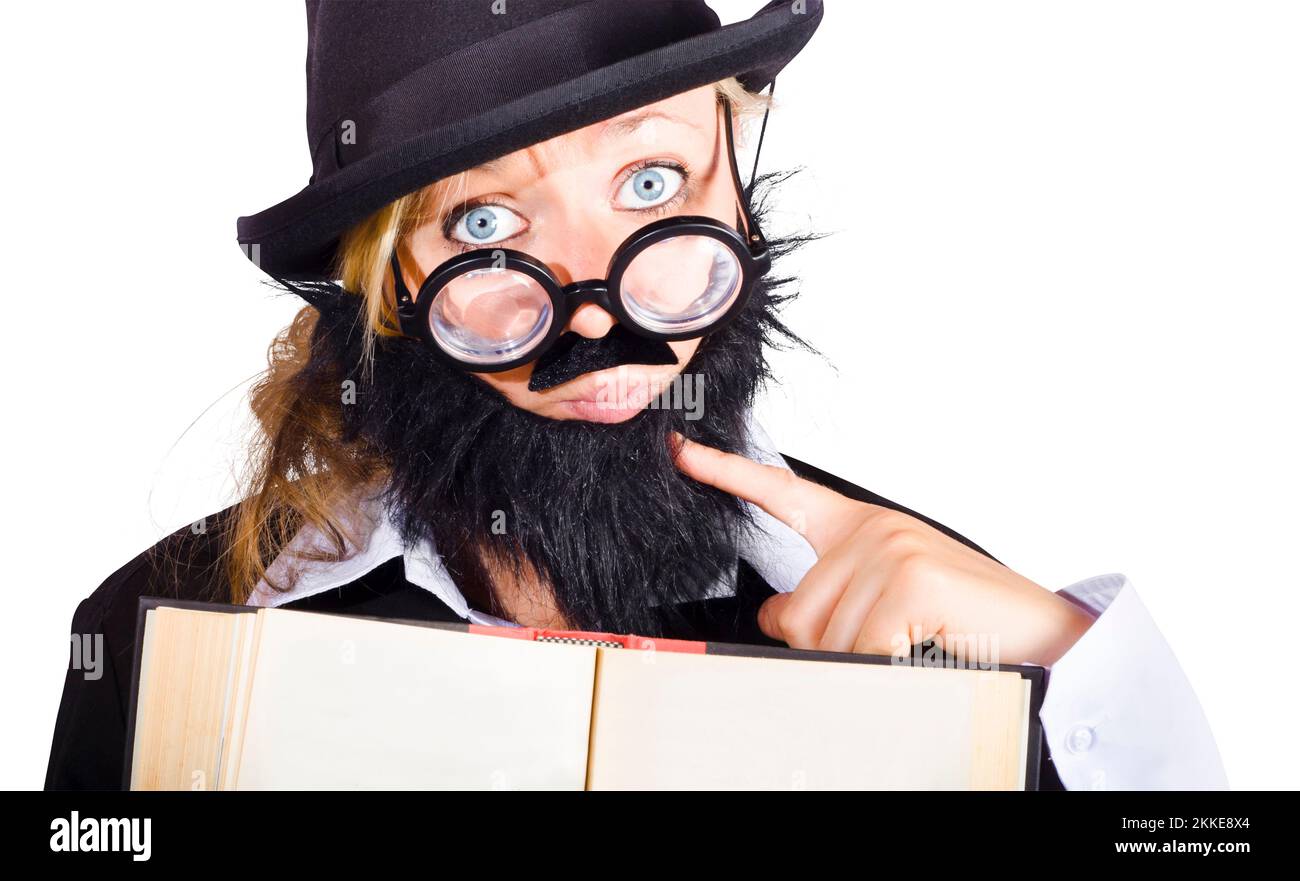 Young woman disguised as male teacher with hat and beard holding open ...