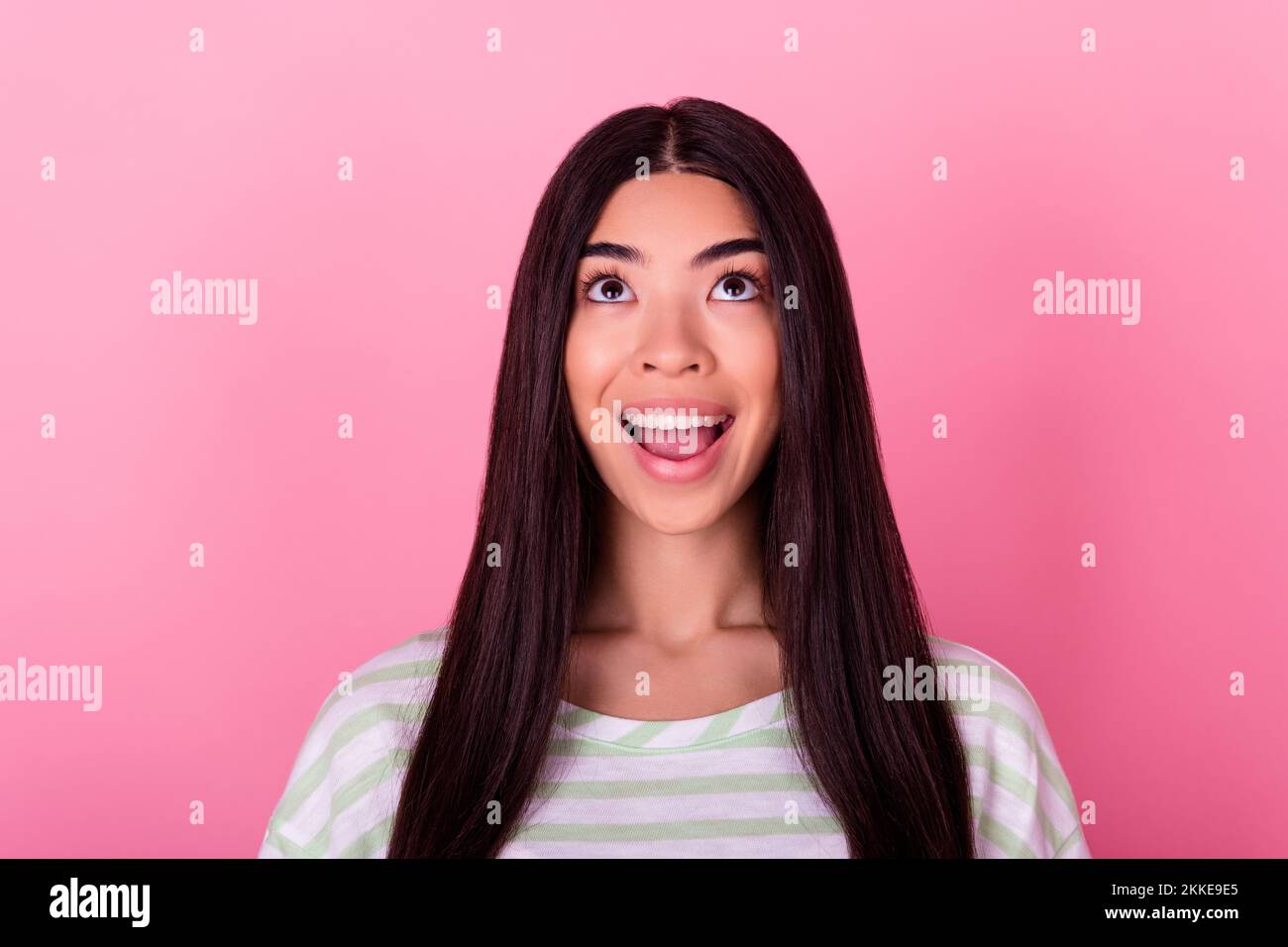 Portrait of cute pretty lady see up incredible bargain news open mouth ...