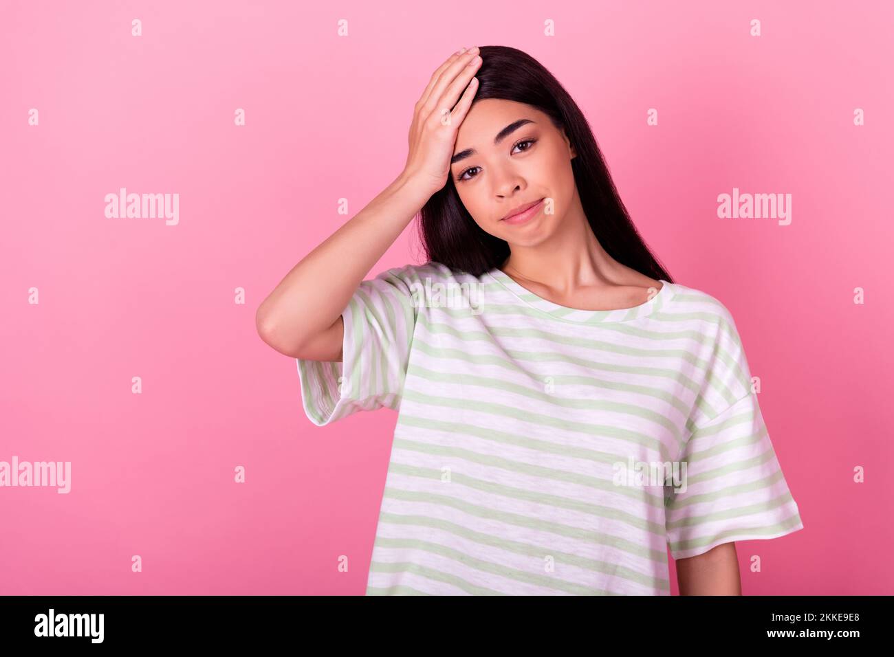 Portrait of unsatisfied person hand touch head look camera isolated on ...