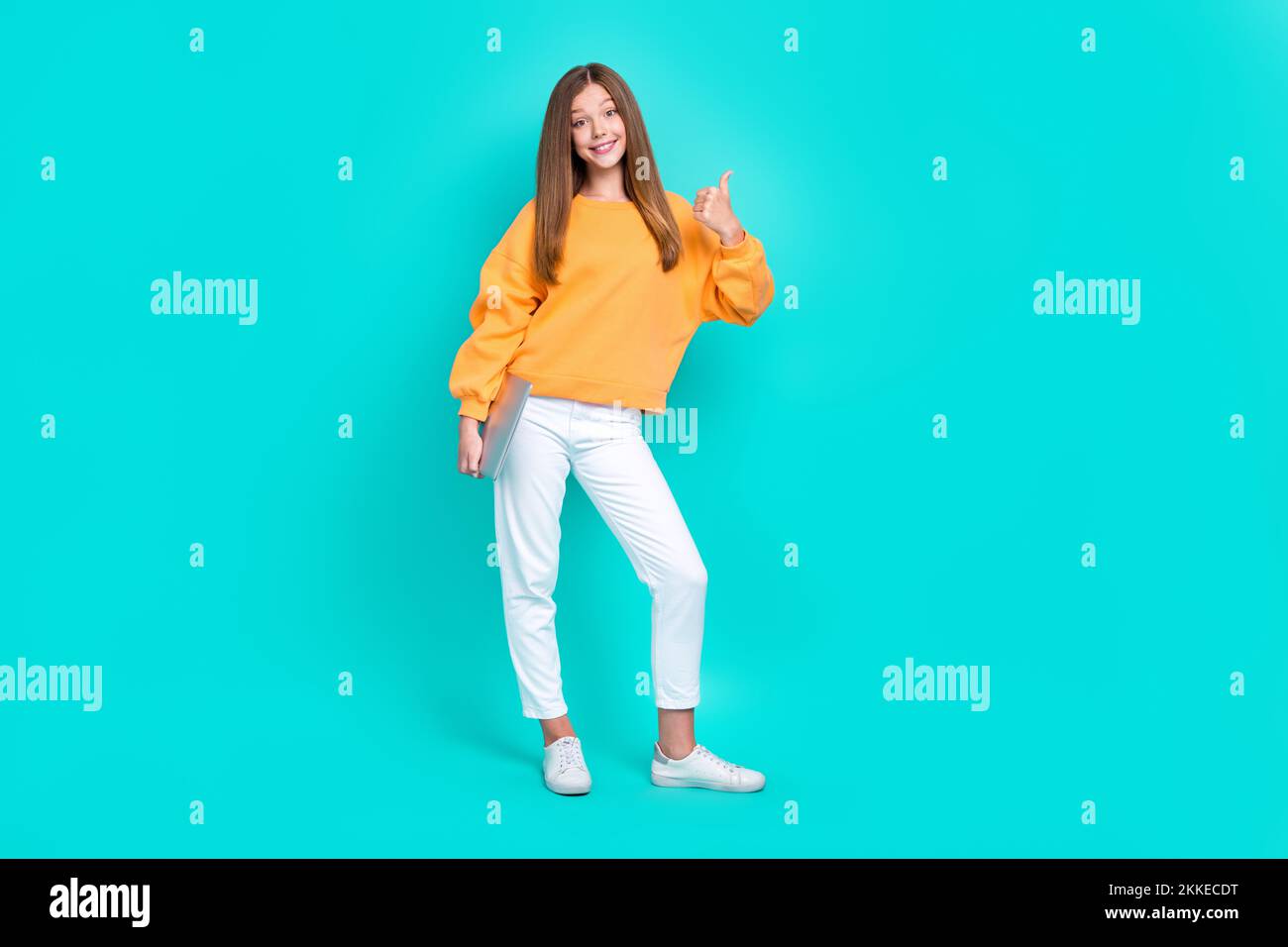 Full body size photo of successful positive girl teenager thumb up like ...