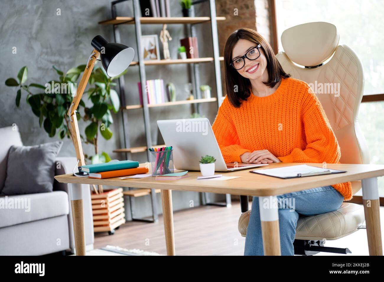 Photo of good mood positive lady wear orange sweater smiling creating ...