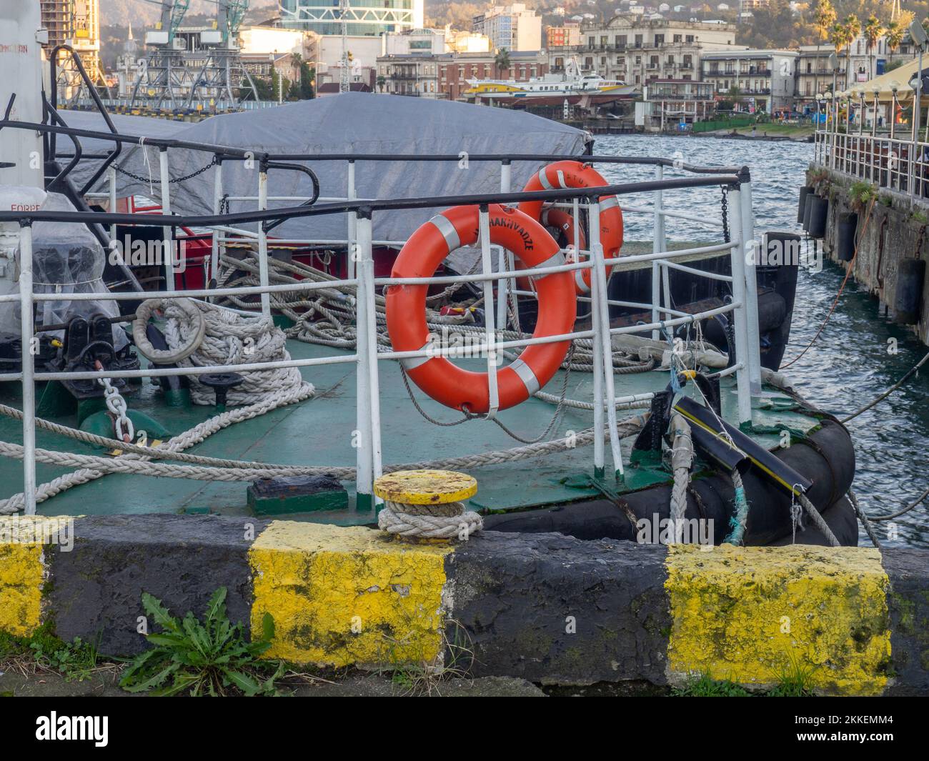 Bollard for mooring. Place for fixing the ship. Mooring. Iron posts. At ...