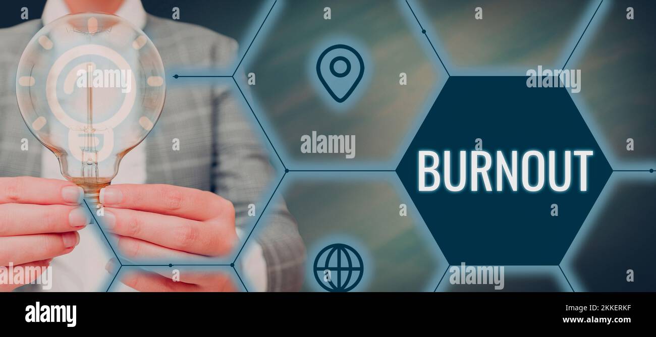 Text sign showing Burnout. Word Written on Feeling of physical and ...