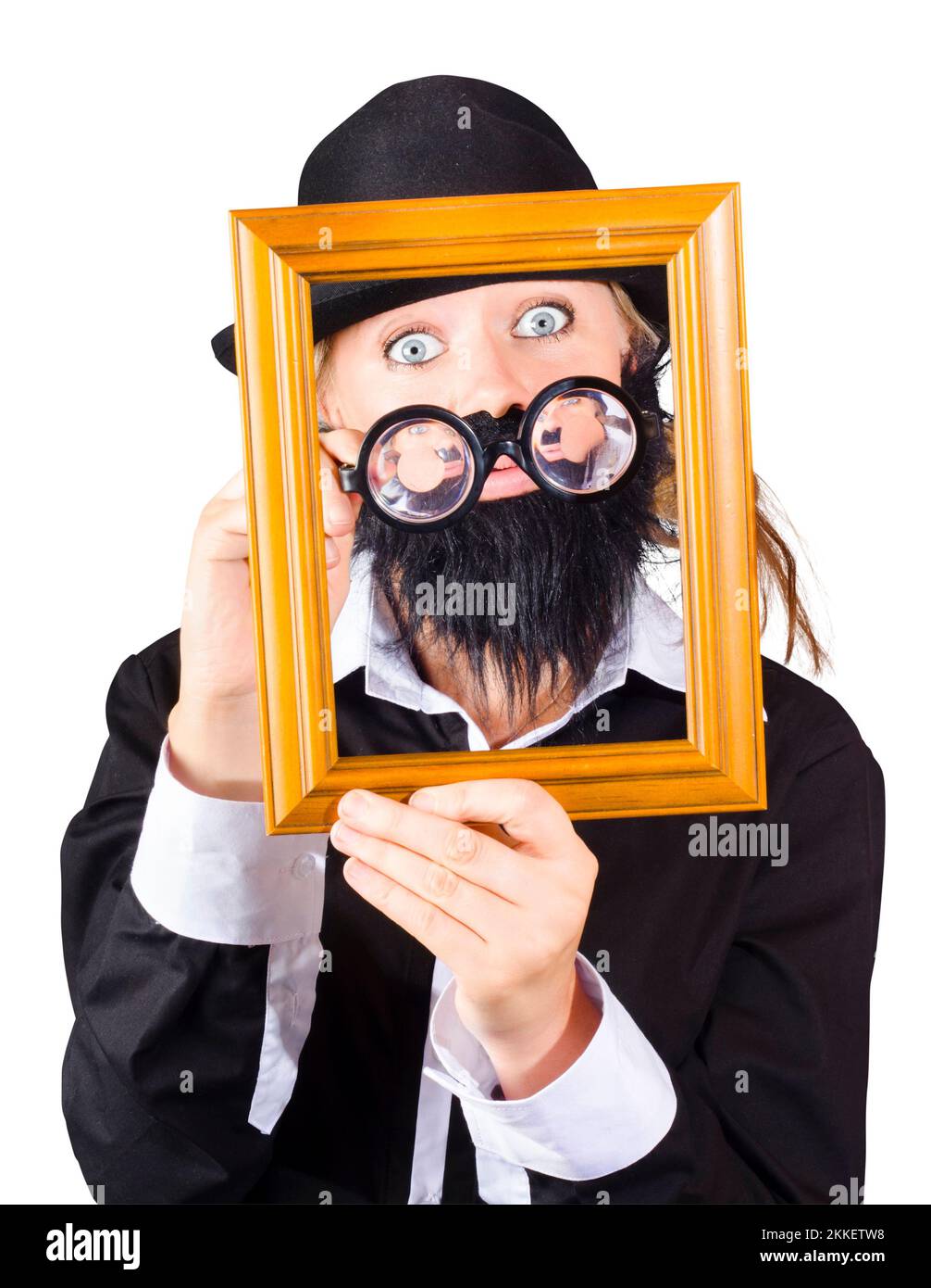 Artistic man looking through empty picture frame. Artwork valuation ...