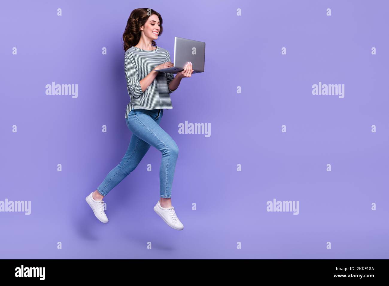 Full length photo of hardworking successful lady addicted user moving ...