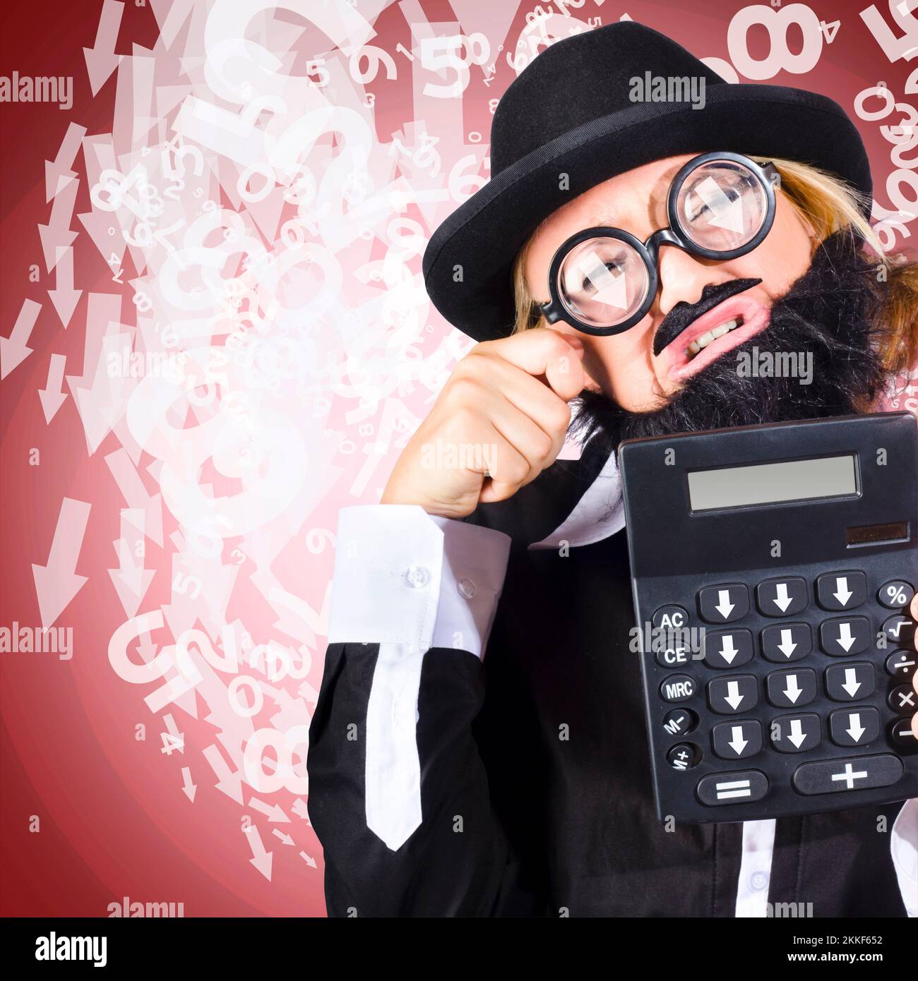 Sad accountant crying over a credit downfall deficit due to falling ...