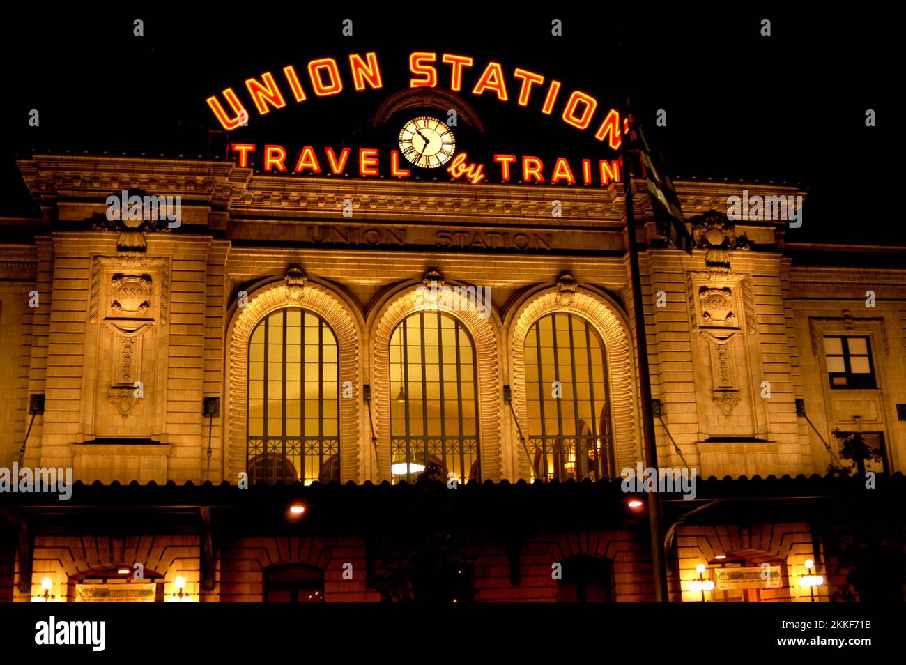 Union Station in Denver, Colorado at night as the sign is illuminated ...