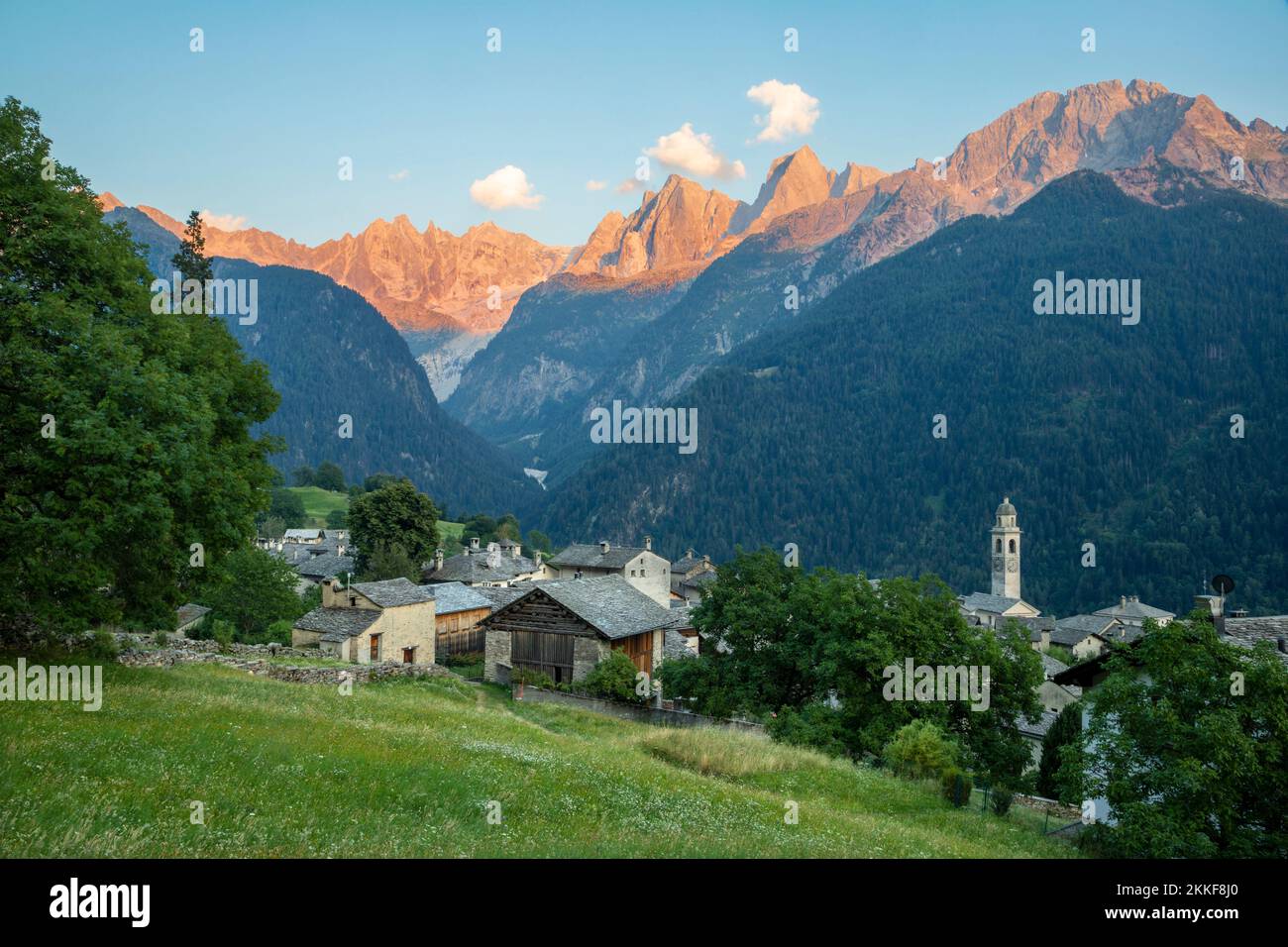 The Soglio village and Piz Badile, Pizzo Cengalo, and Sciora peaks in ...