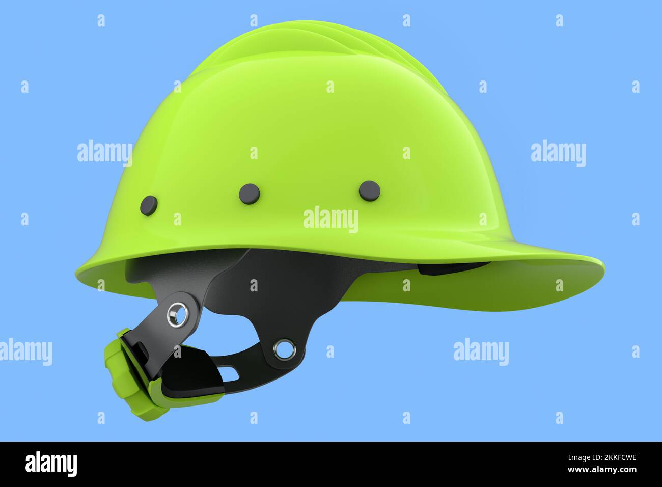 Green safety helmet or hard cap isolated on blue background. 3d render ...