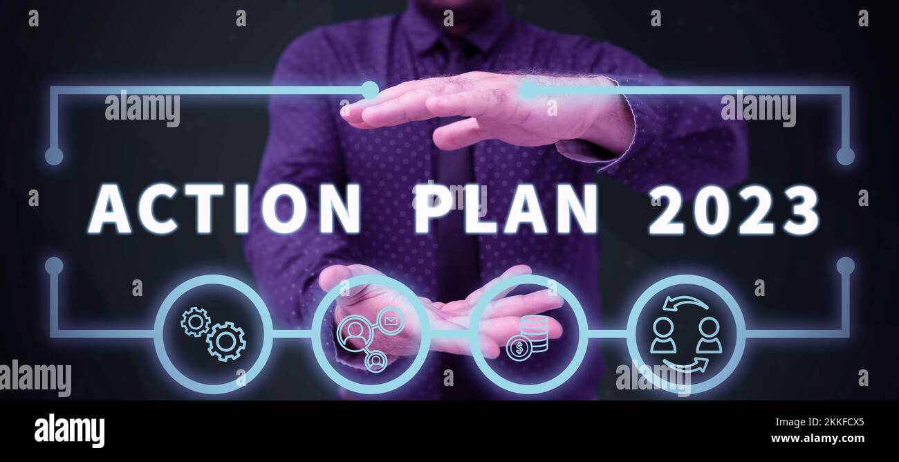 Text sign showing Action Plan 2023, Business overview Challenge Ideas ...
