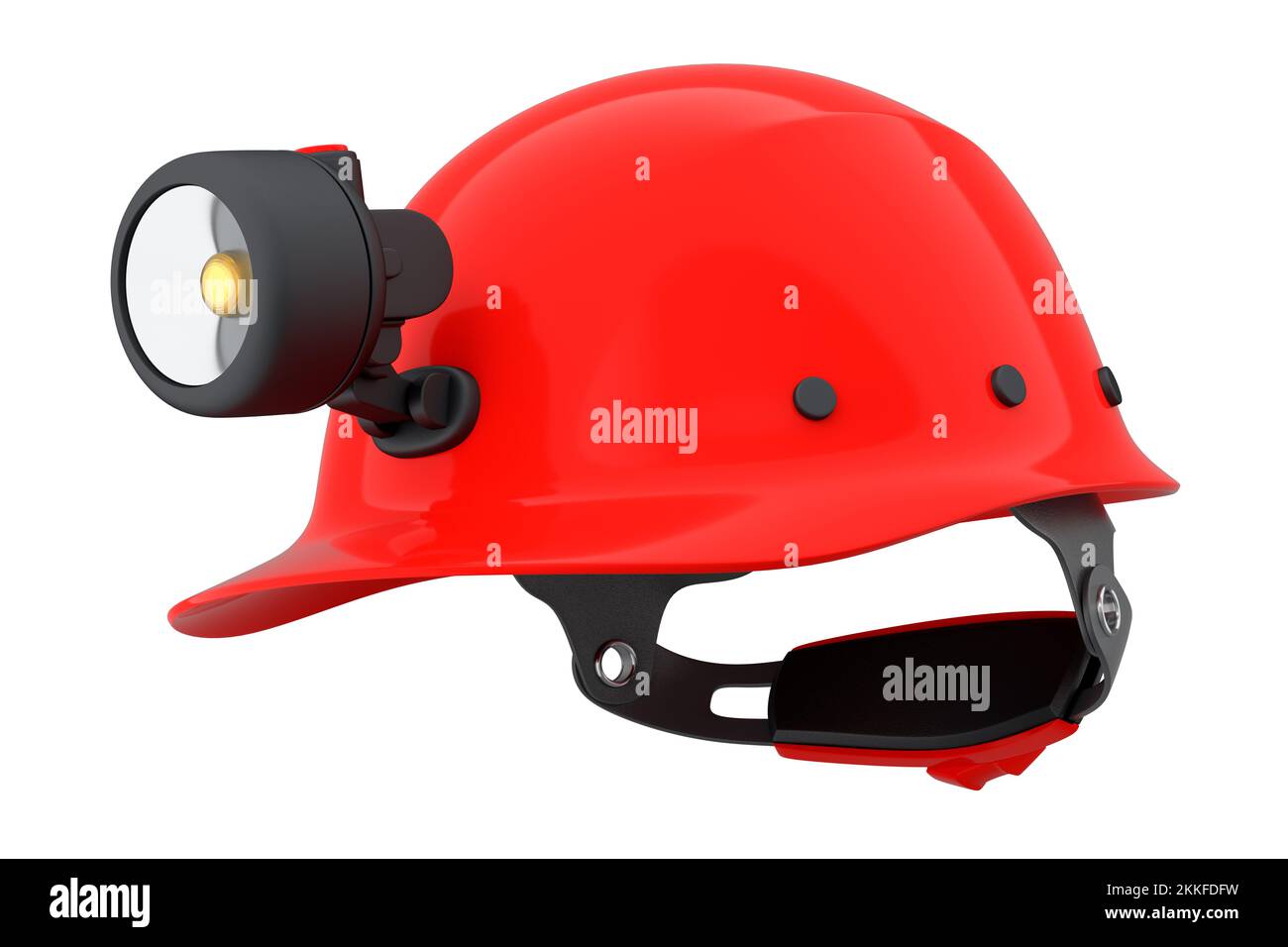 Red safety helmet or hard cap with flashlight isolated on white ...