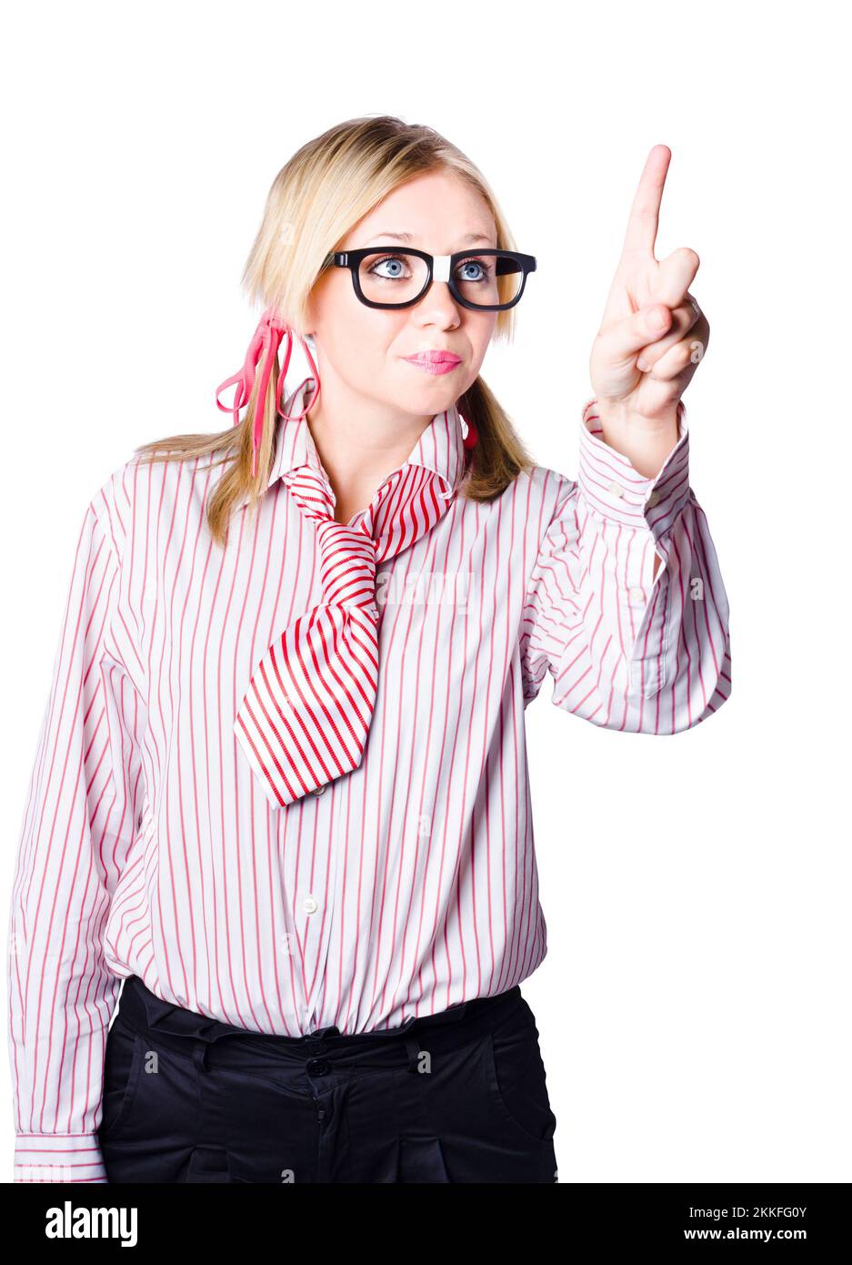 Half body portrait of quirky young blond businesswoman pressing ...