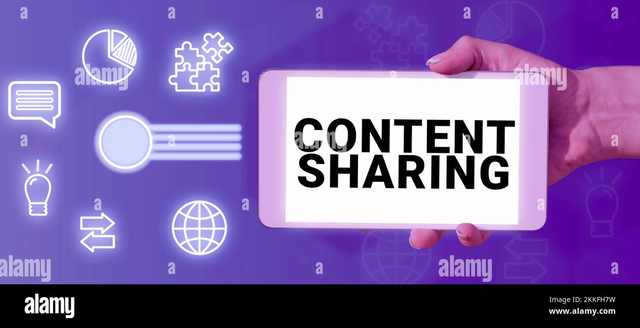 Hand writing sign Content Sharing. Concept meaning distribution of ...