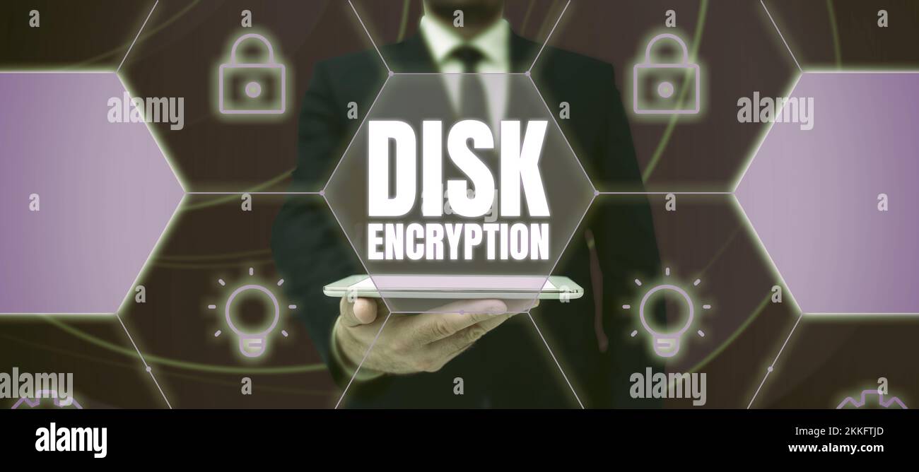 Text caption presenting Disk Encryption. Business idea the security ... Text caption presenting Disk Encryption. Business idea the security ...