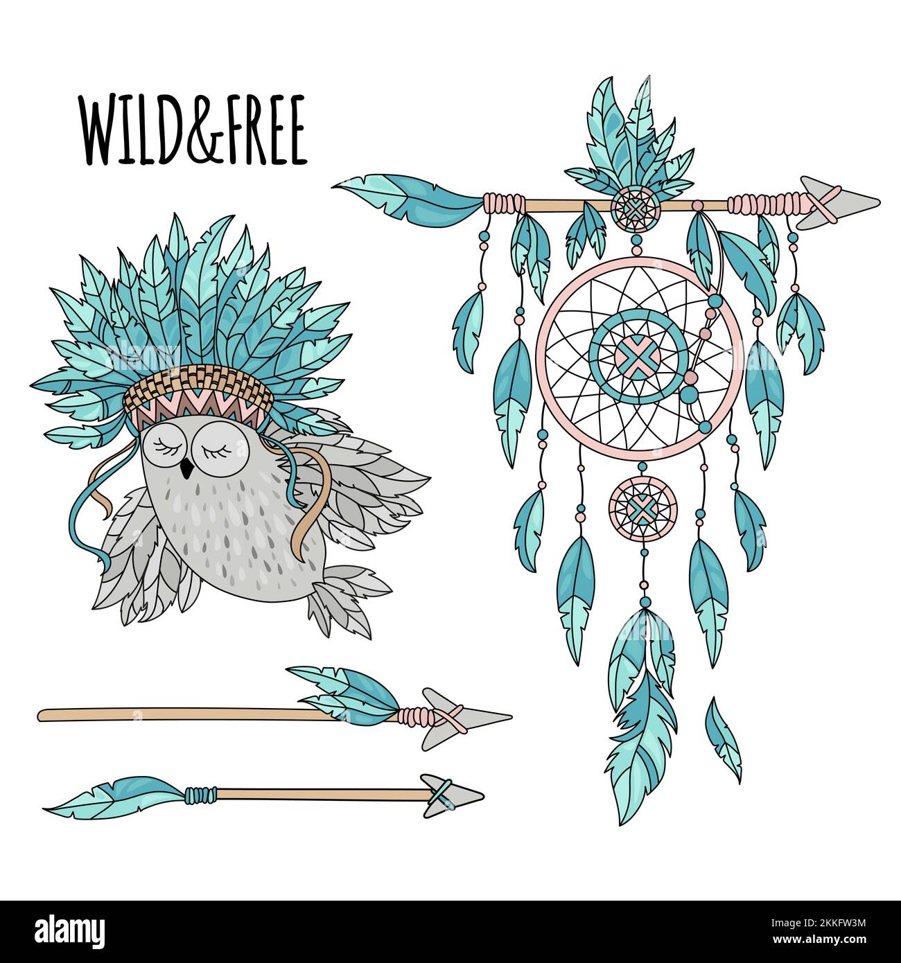 INDIANS FREEDOM Cartoon American Native Warrior Hero Attributes Vector ...