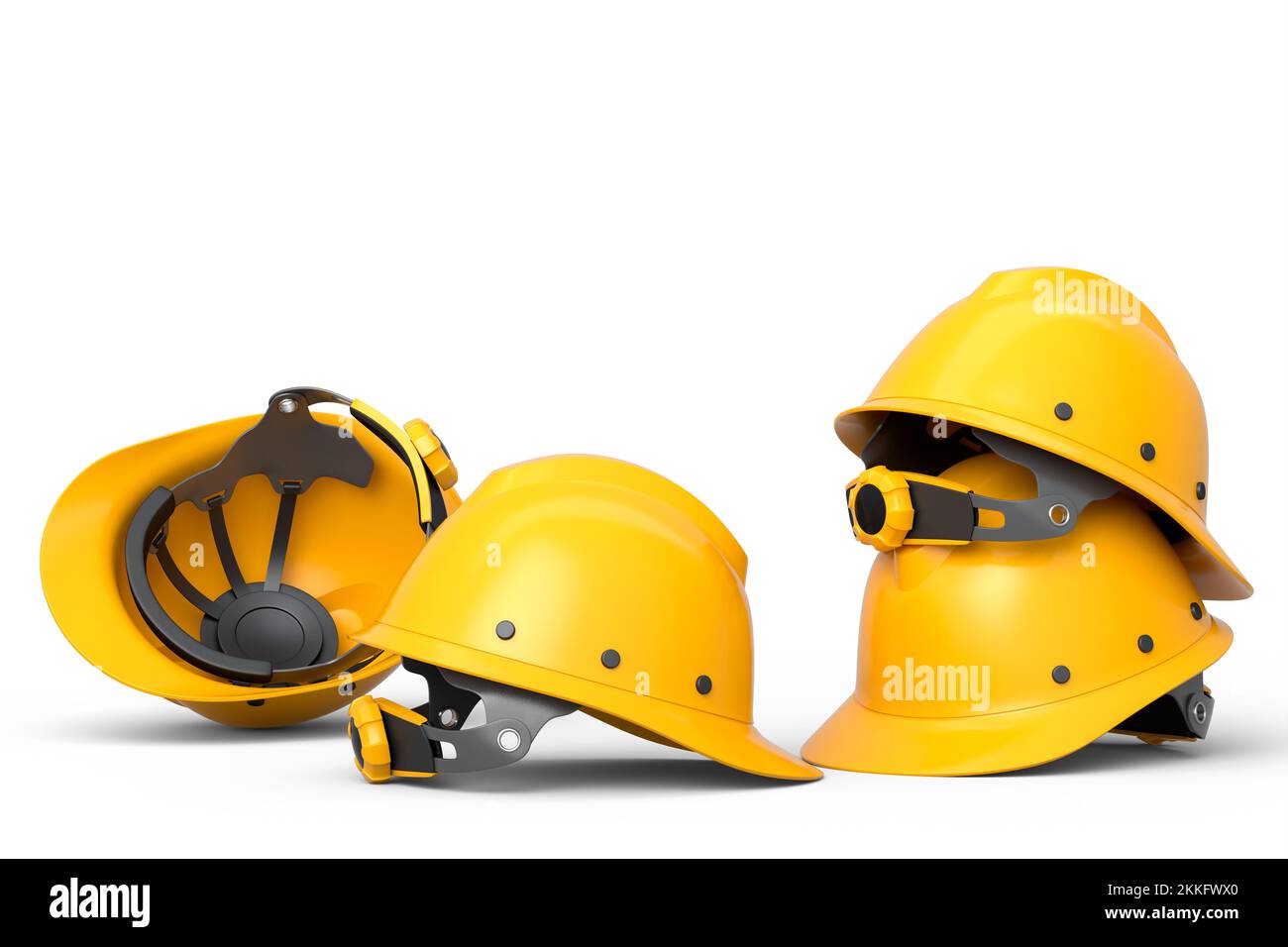 Heap of safety helmets or hard caps on white background. 3d render and ...