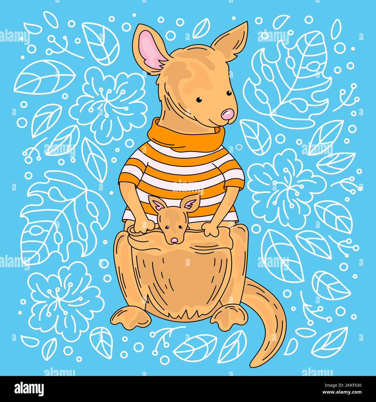 KANGAROO Australian Animal Cartoon Fairy Tale Nature On Blue Floral ...