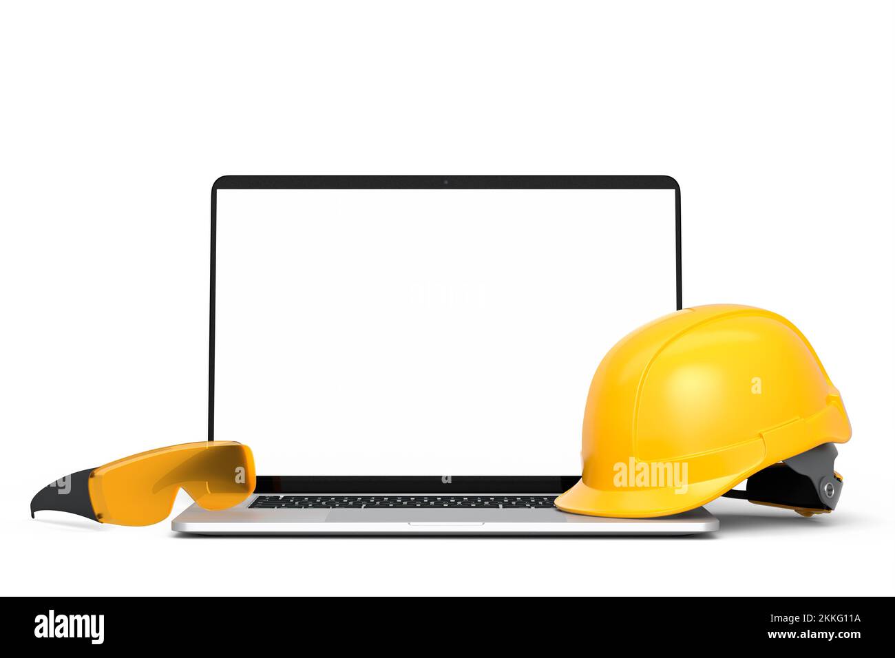 Set of safety helmets or hard caps, goggles and laptop for carpentry ...