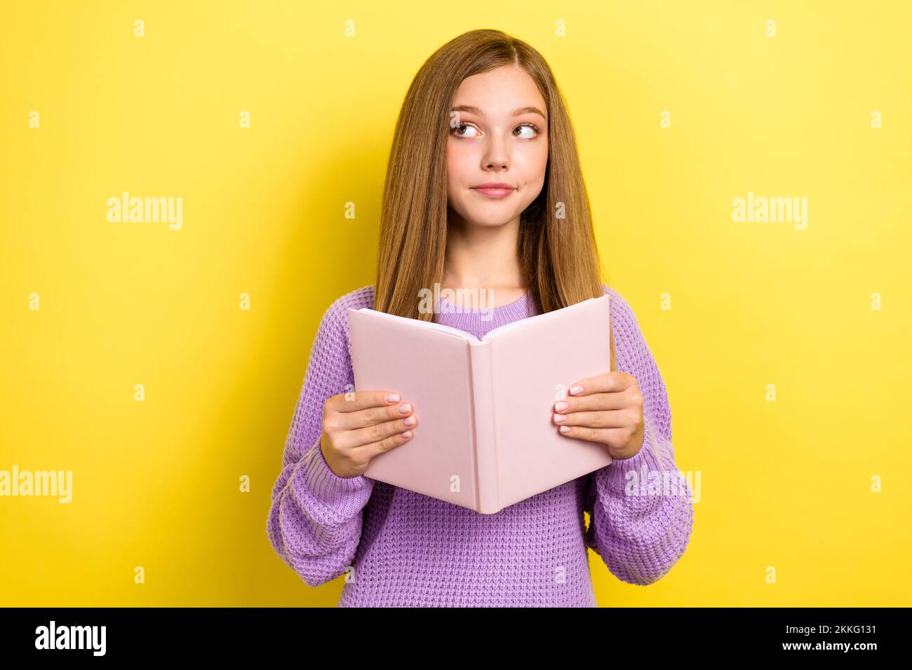 Photo of smart minded lady hold planner diary textbook interested look ...