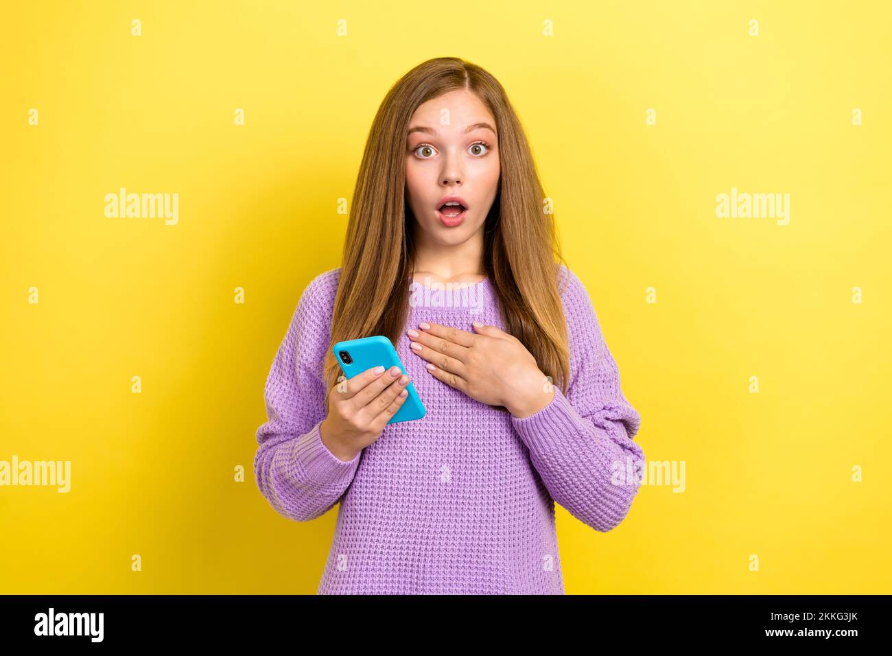 Photo of young impressed scared puzzled girl touch chest nervous hold ...