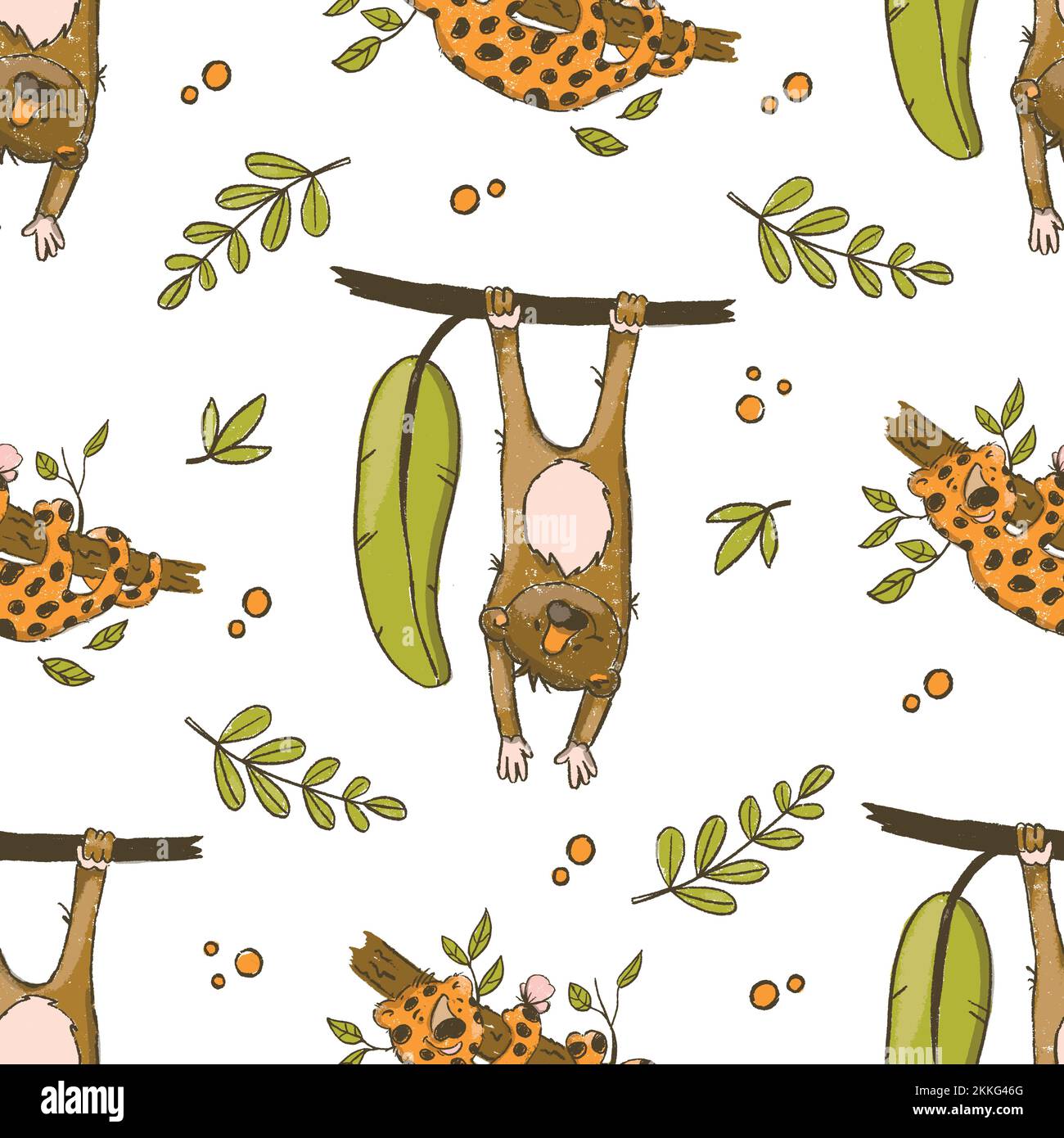 LEOPARD AND MONKEY Cute Cartoon Tropical African Animals Hand Drawn ...