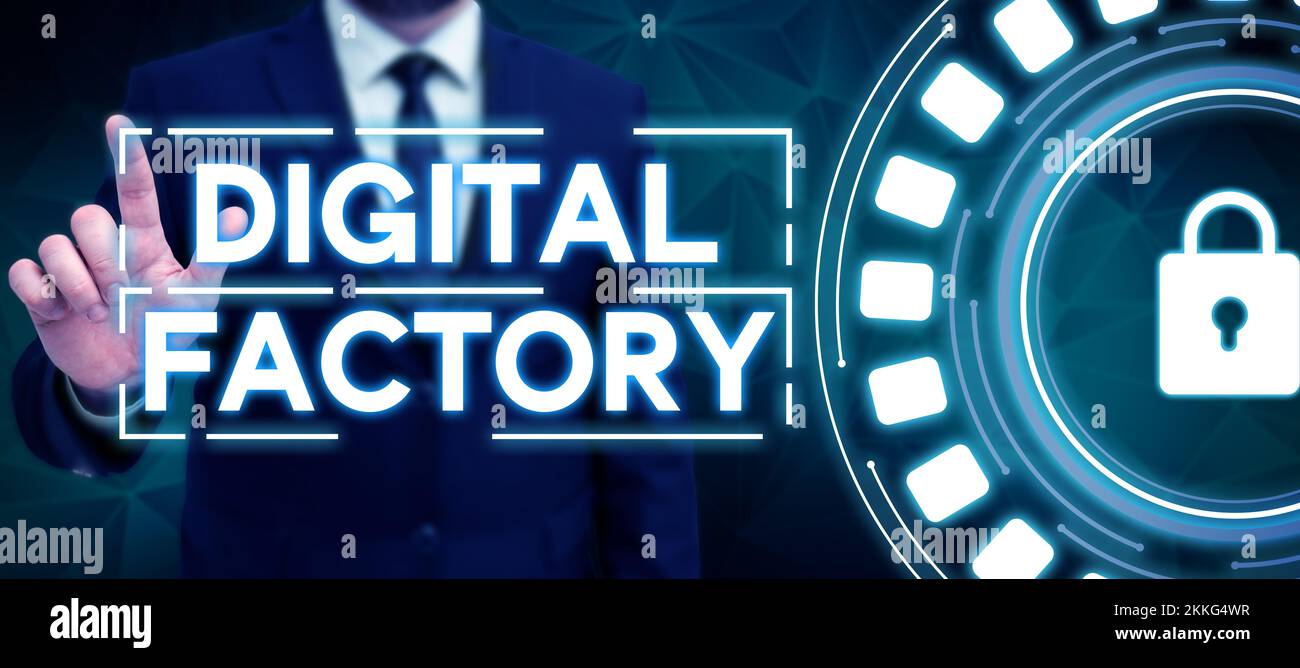 Text caption presenting Digital Factory. Internet Concept uses digital ...