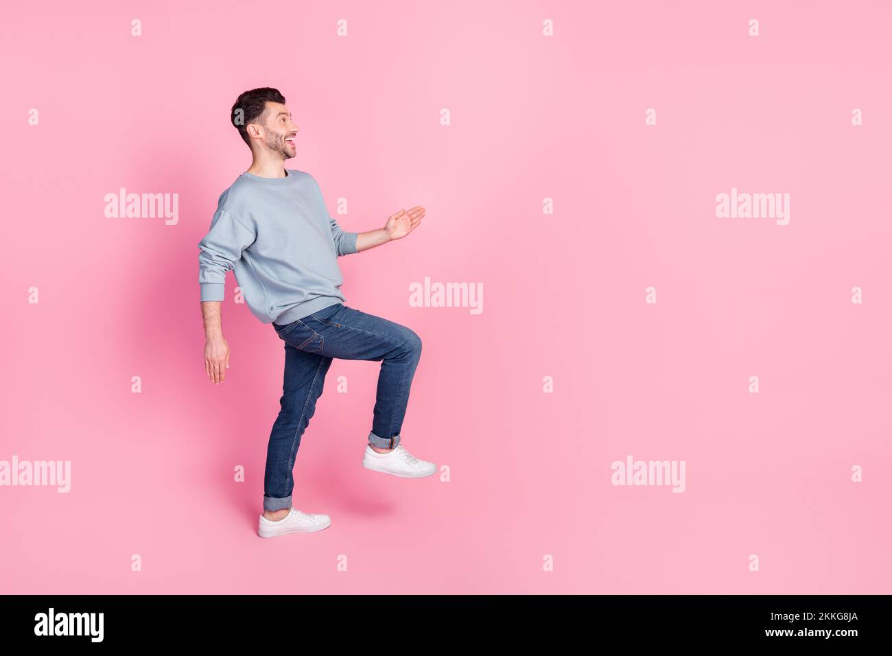 Side profile photo full body length of young attractive handsome guy ...