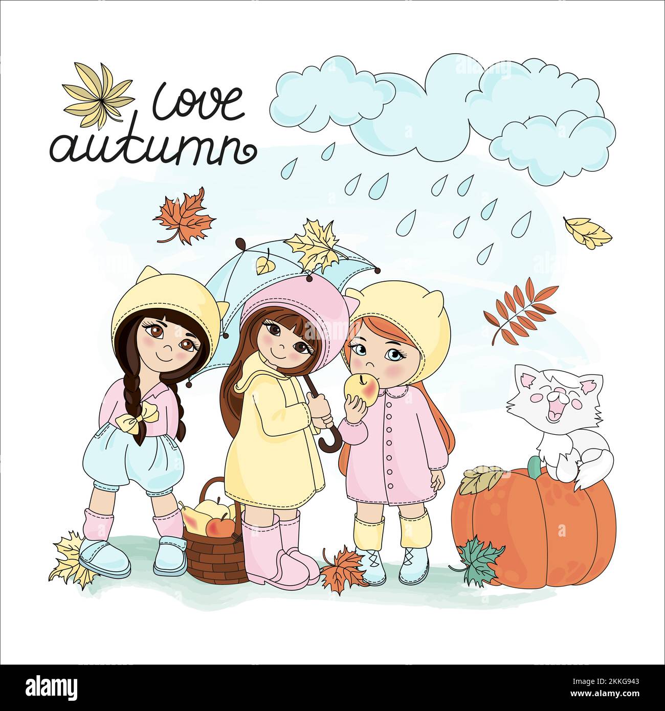 LOVE AUTUMN Fall Season Rain Girl Cartoon Clip Art Vector Illustration ...