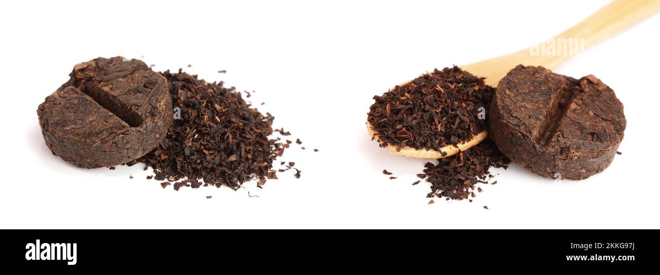 Round flat disc of puer tea isolated on white background. Pressed ...