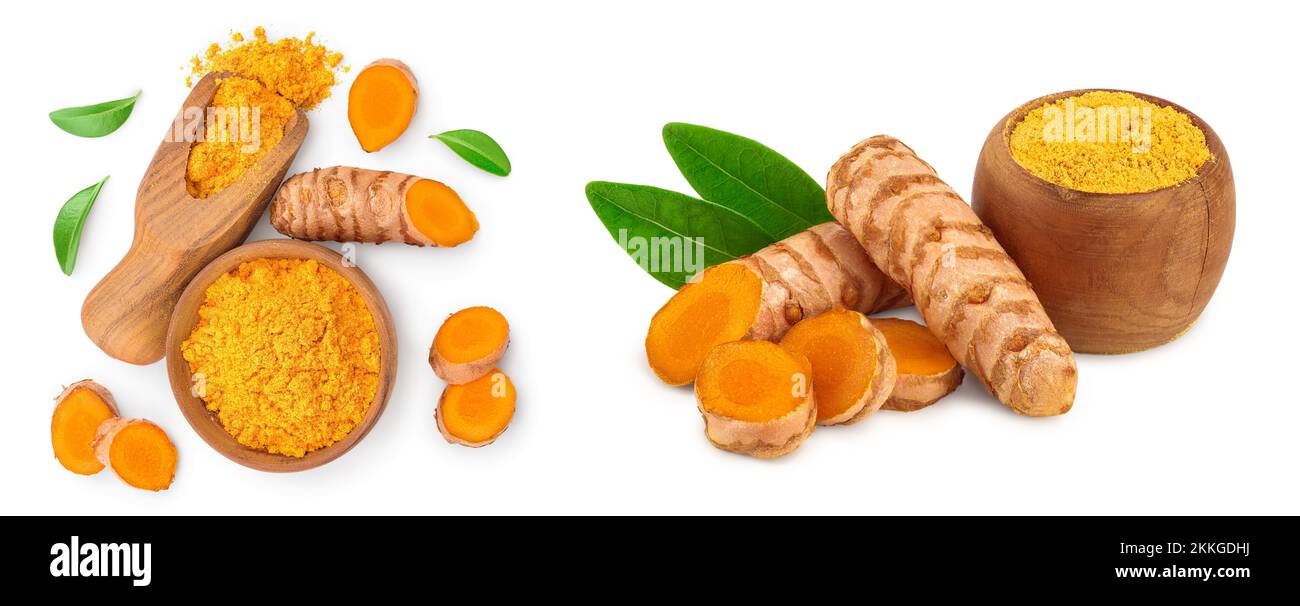 Turmeric powder and turmeric root isolated on white background with ...