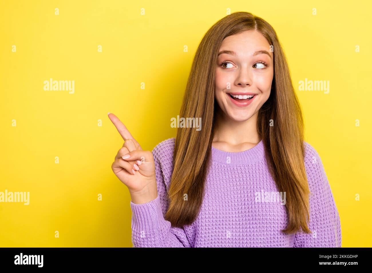 Photo of pretty cute lady wear stylish knitted winter warm sweater arm ...