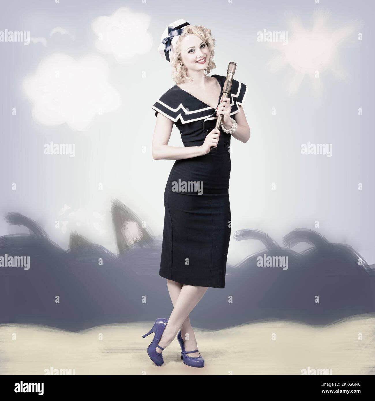 Faded old fashioned image of a blonde navy girl holding maritime sea ...