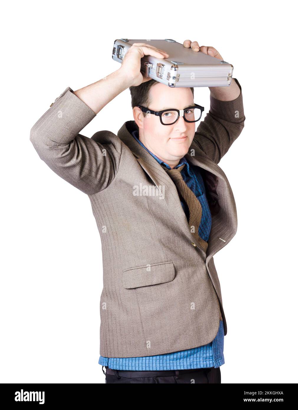 Mature Businessman Carrying Silver Briefcase On His Head Stock Photo ...