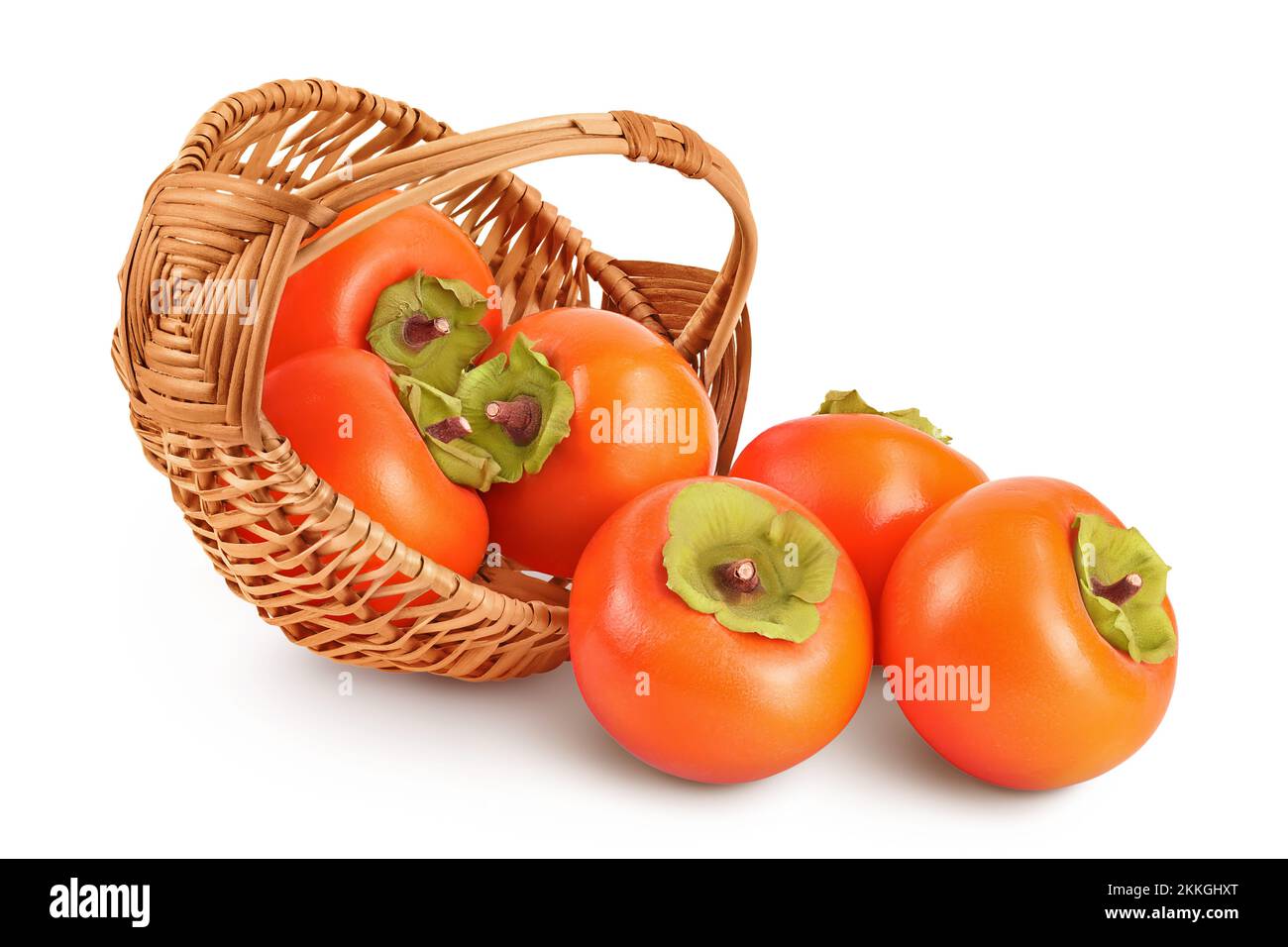 Persimmon fruit in wicker basket isolated on white background with full ...