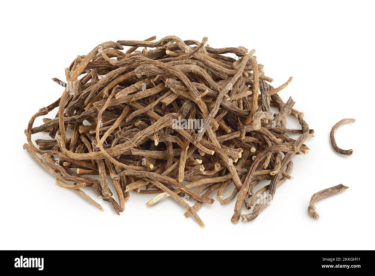 Dried Valerian root isolated on white background. Valeriana officinalis ...