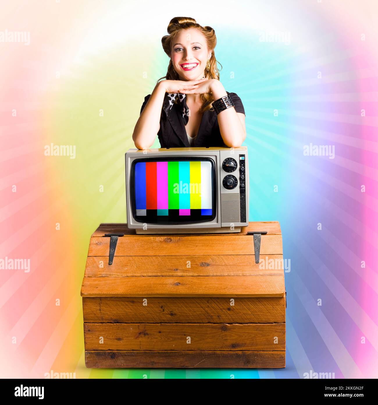 Sixties Vintage Sales Woman Resting On A Brand New Color TV Set Stock ...