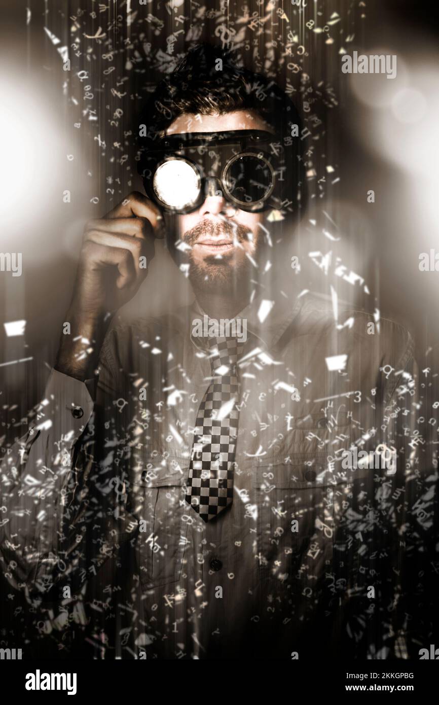 Industrial design abstract artwork of a steampunk inventor man wearing ...