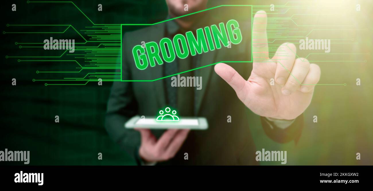 Hand writing sign Grooming. Word Written on hygienic care and enhancing ...